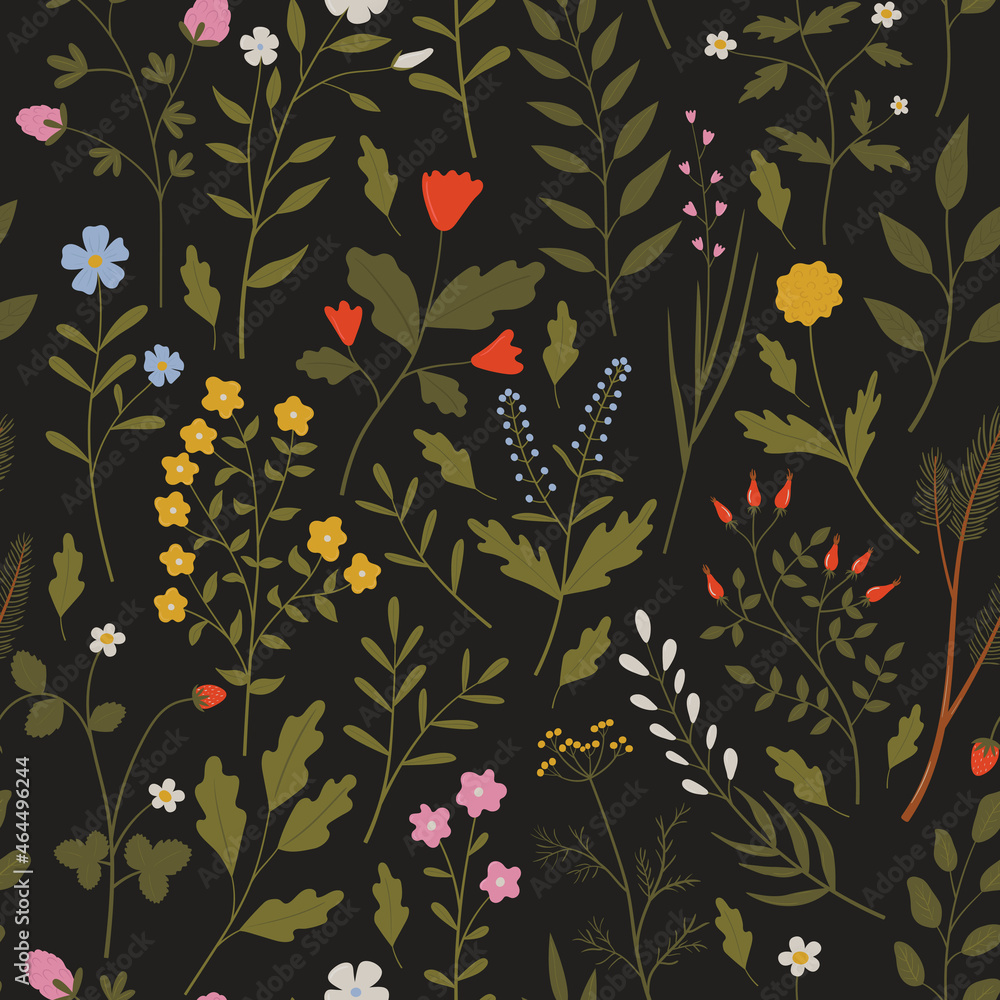 Vintage botanical seamless pattern with wild herbs, flowers, branches ...