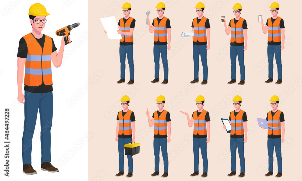 Construction Worker, Engineer Character Set With Different Poses ...