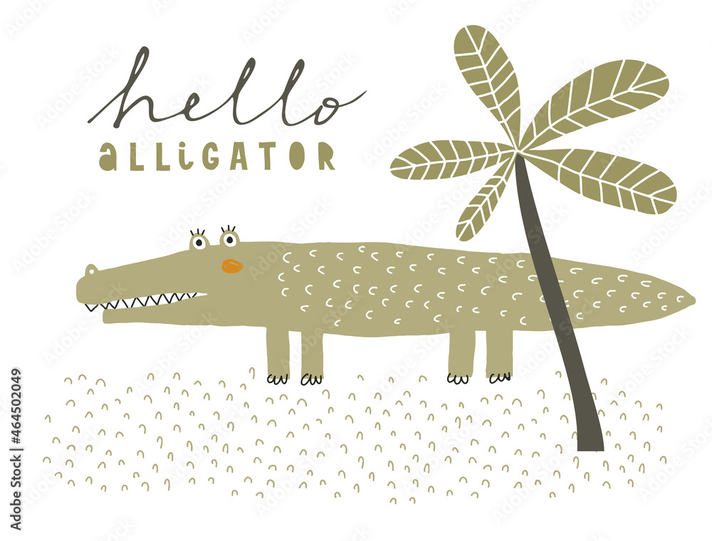 Hello Alligator. Cute Nursery Vector Art with Funny Green Alligator and ...