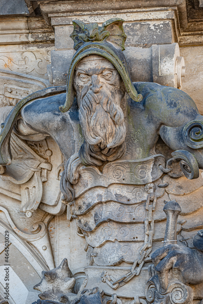 Ancient big statute of scary, fearful and heavy armed gatekeeper ...