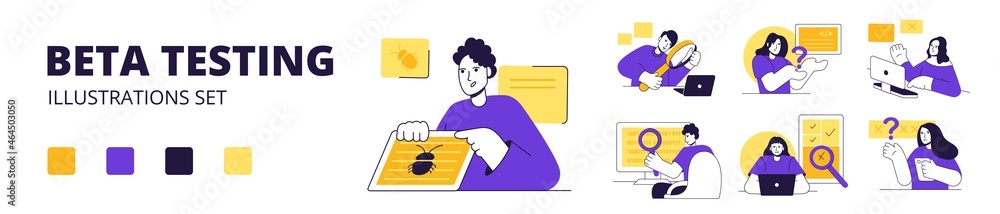 Big set of vector illustrations of beta testing. New product beta ...