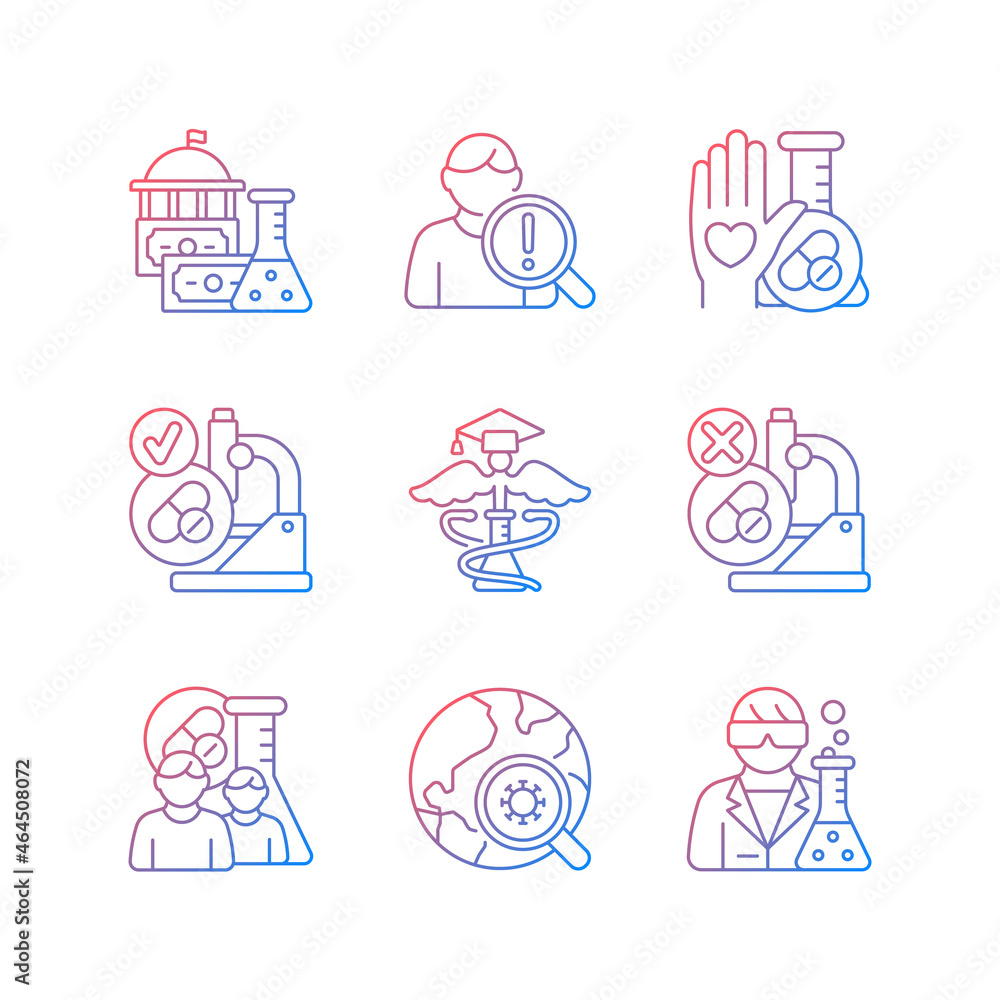 Clinical study gradient linear vector icons set. Evaluating new drugs ...
