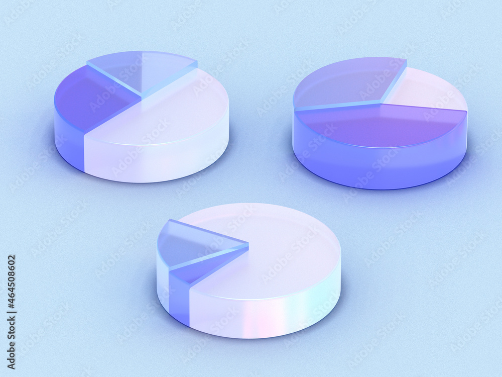 3D rendered transparent pie charts with two marked parts on a light ...