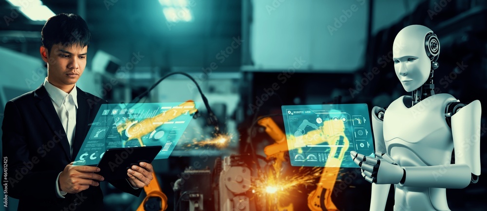 Mechanized industry robot and human worker working together in future ...