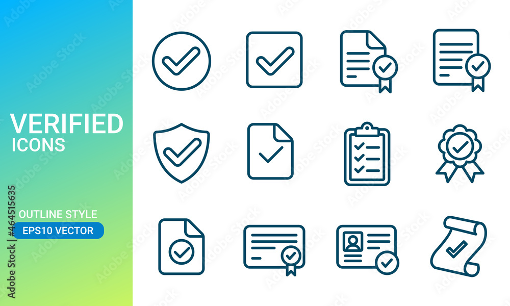 Verified icons set in outlined style. Suitable for design element of ...