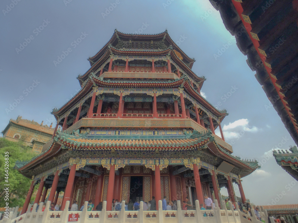 Chinese archways, pagodas, temples and palaces with heaven sky clouds ...