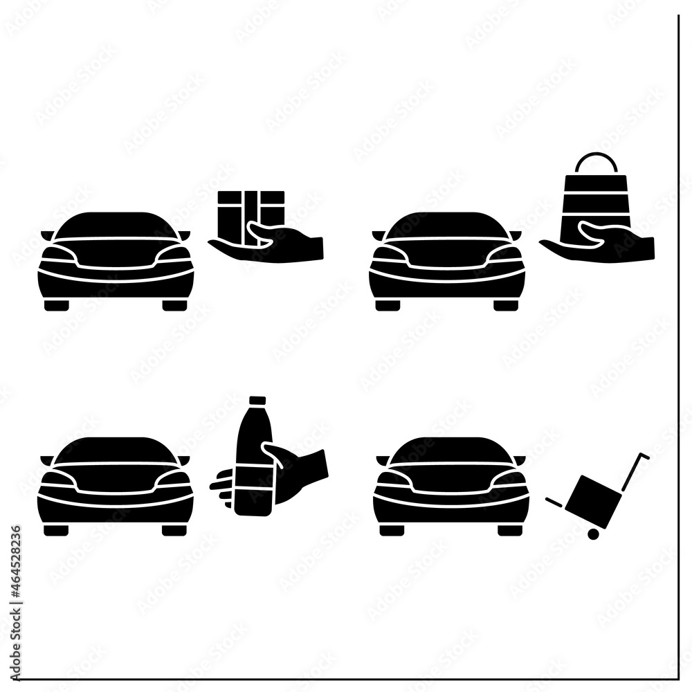 Curbside pickup glyph icons set. Contactless parcel, cargo obtaining ...