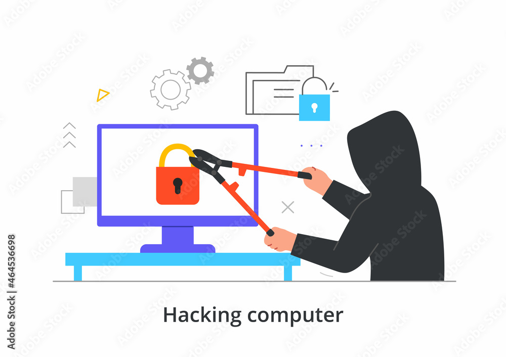 Computer hacking concept. Fraudster with tool opens lock on screen of ...