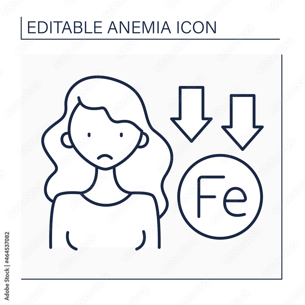 Anemia line icon. Lack of iron in woman immune system. Low life energy ...