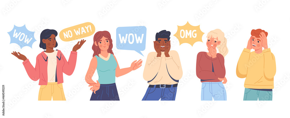 Shock and surprise reactions set. Young men and women with joyful or ...