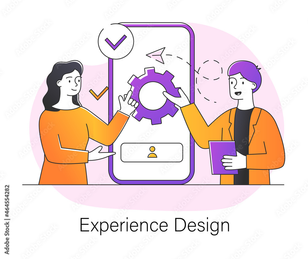 Experience design. Man and woman stand next to large smartphone and ...