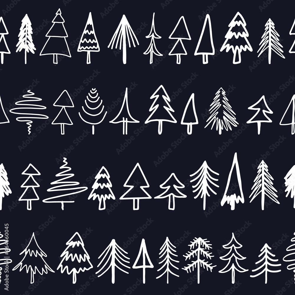 Doodled christmas trees in rows seamless repeat pattern. Vertical ...