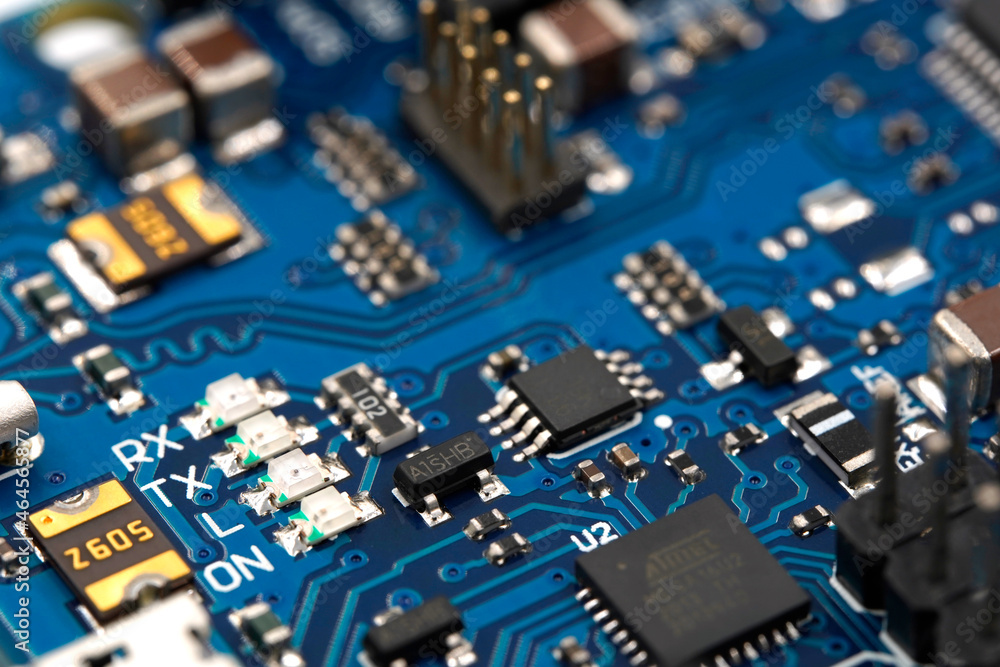 Micro electronics arduino DIY components on a light background, top ...