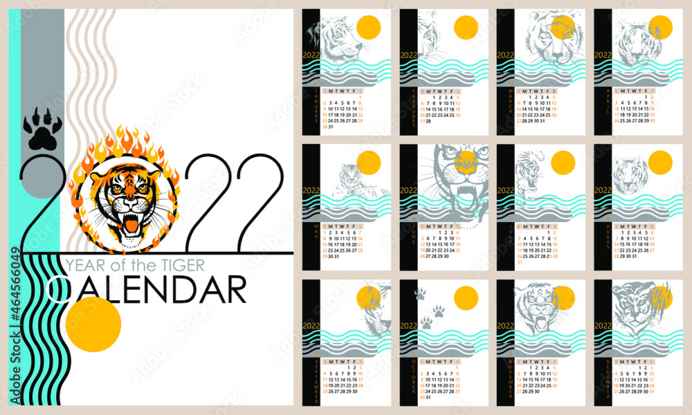 2022 calendar template. Year of the Tiger. Calendar design concept with ...