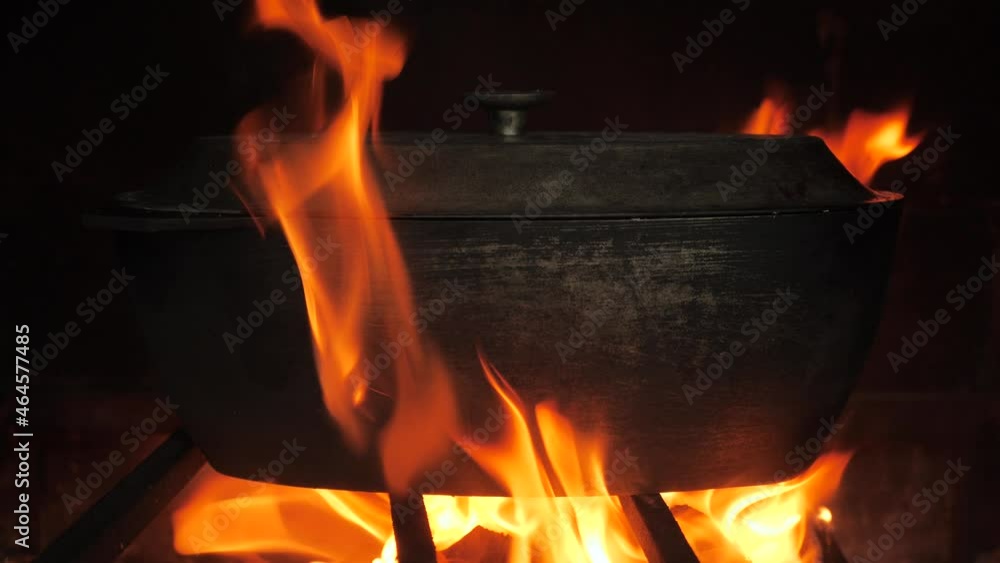 Video Stock Traditional fireplace wood fired oven cooking concept ...