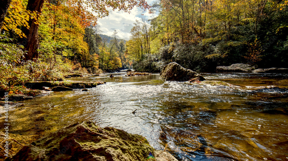 A beautiful mountain river in Western North Carolina, USA, in the fall ...