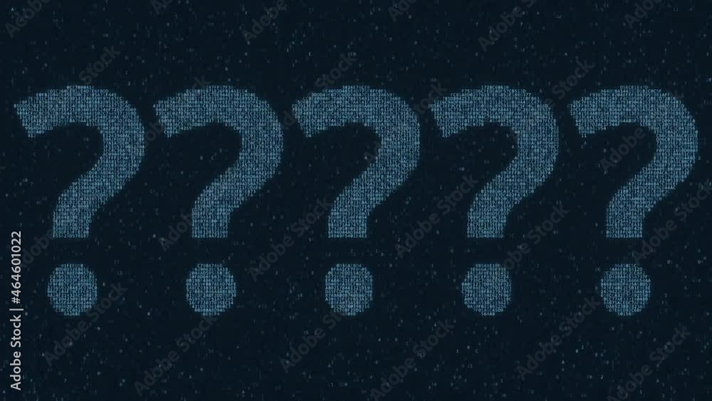 Question marks made with many symbols on computer screen, 3d animation ...