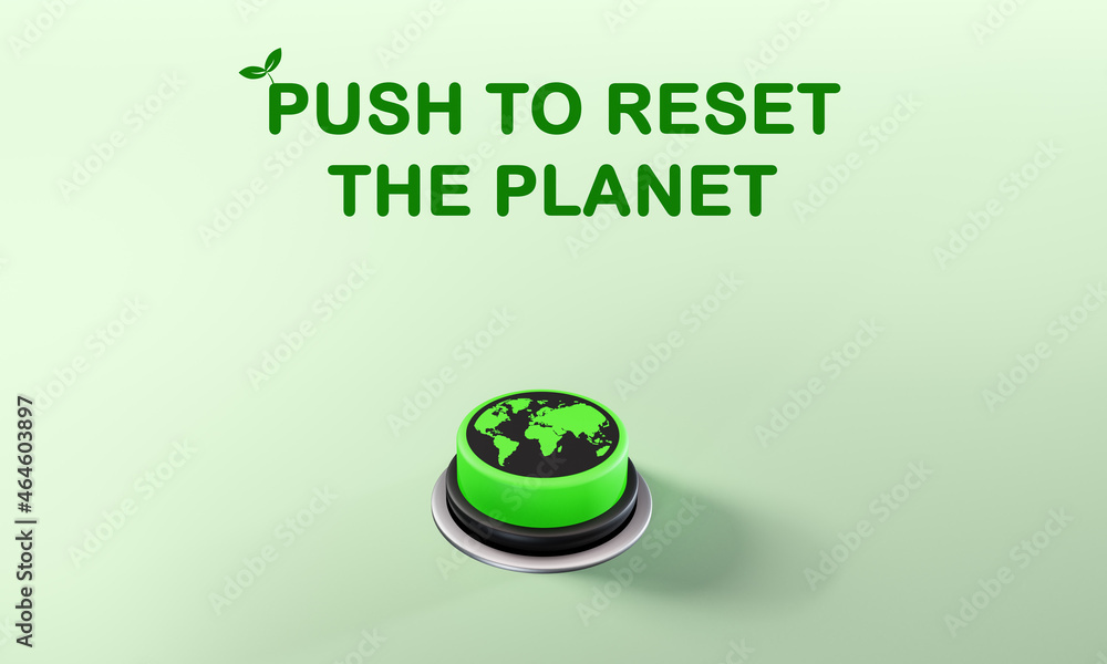 Eco green push button with the world on it, push to reset the planet ...