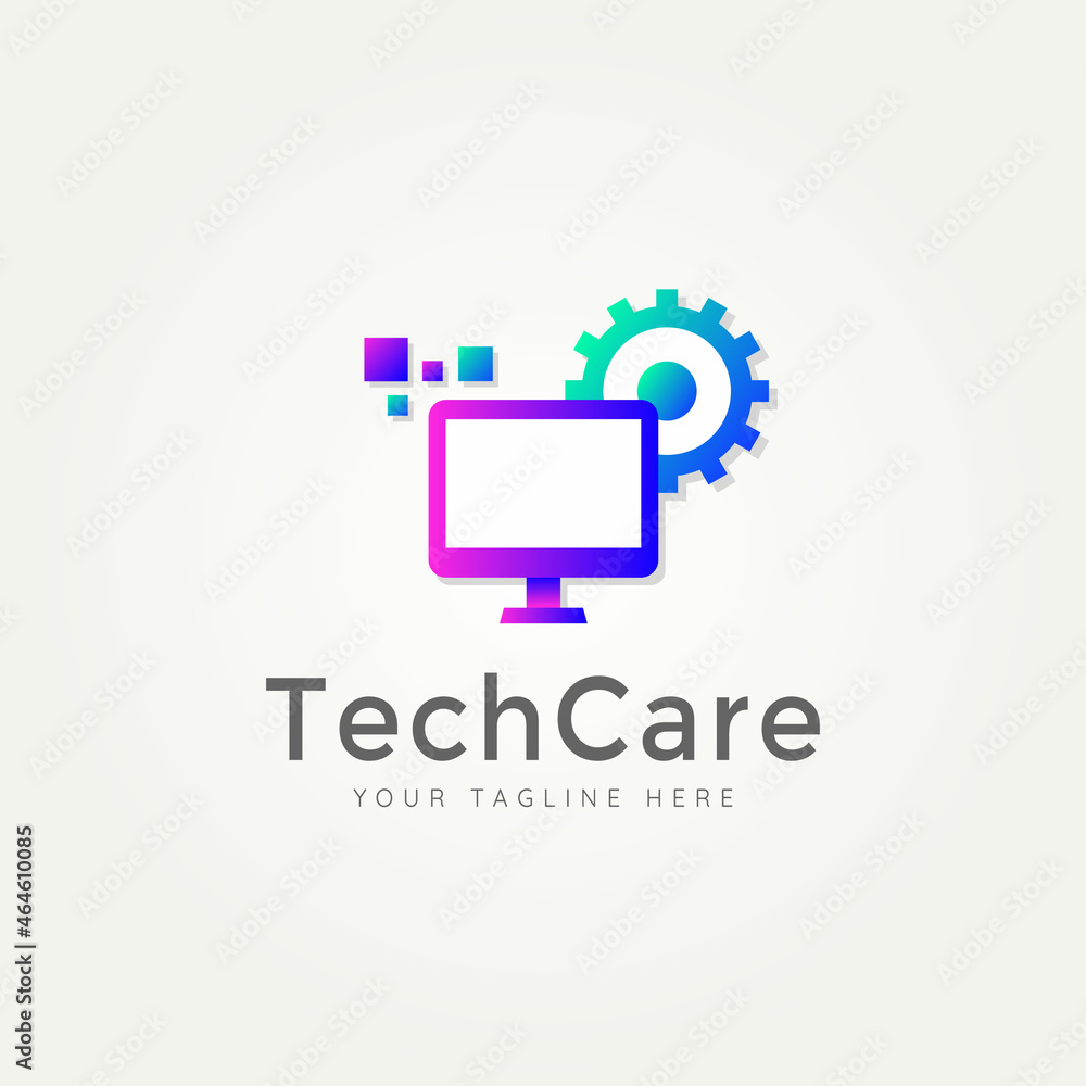 tech service minimalist flat logo. computer monitor with repair symbol ...