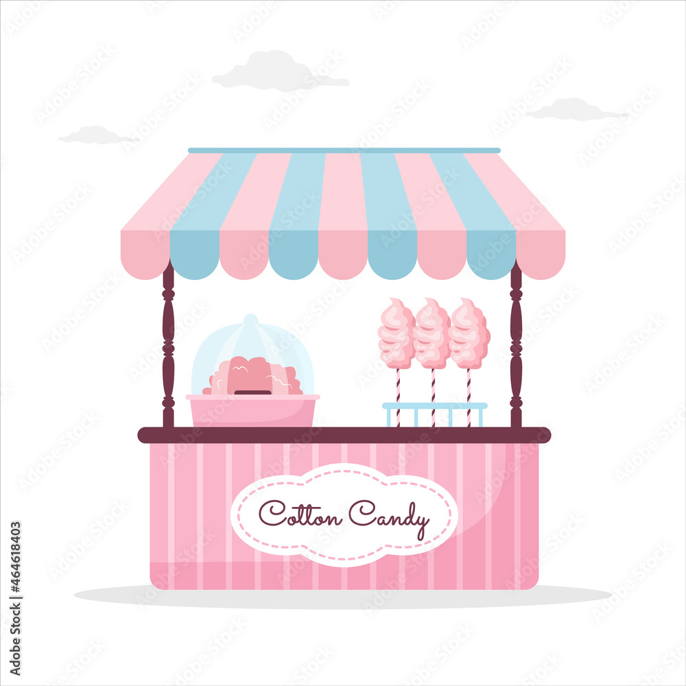 Pink cotton candy stall counter. Outdoor market with street food ...