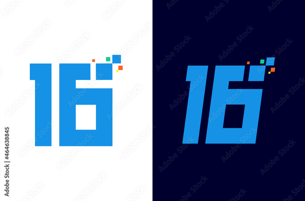 Number 16 digital logo design with pixel Stock Vector | Adobe Stock