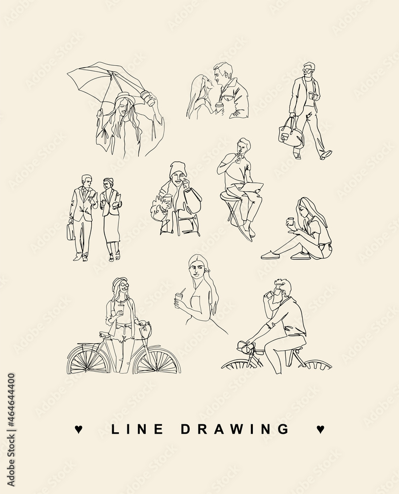 Line drawing of people on the street. Businessmen, athletes, brides ...