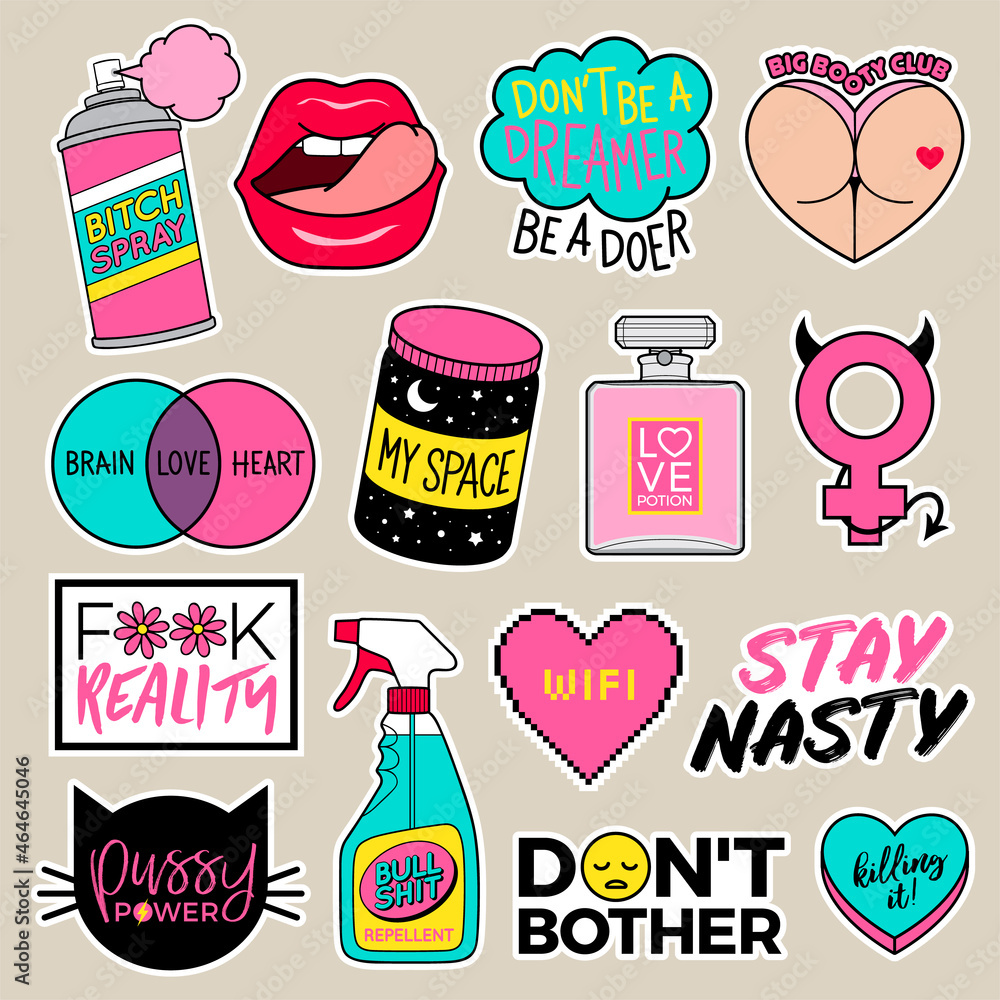 Set of girl fashion patches, cute cartoon badges, fun stickers design ...