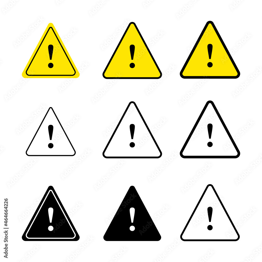 Exclamation mark of warning attention icon. Triangular warning symbols ...