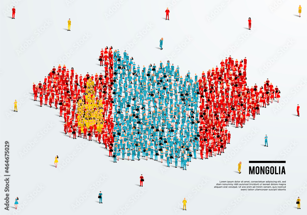 Mongolia Map and Flag. A large group of people in the Mongolian flag ...