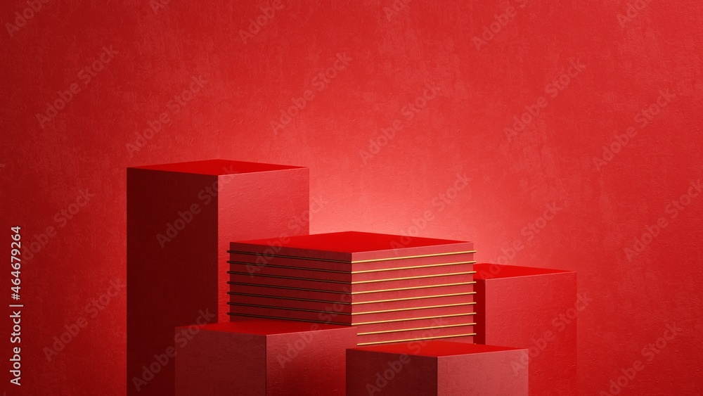 3d rendering, abstract red background. Empty showcase scene with ...