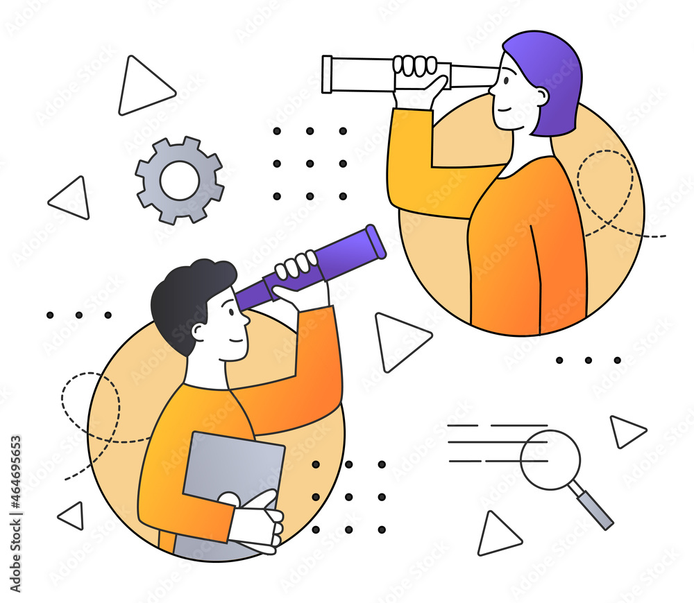 Look into future concept. Man and woman with telescope in hands looking ...