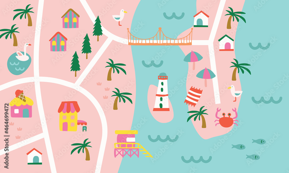 beach town road map, pattern with house and tree, cute backgrounds and ...