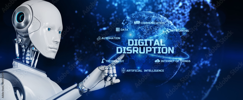Digital disruption transformation disruptive innovation concept. Robot ...