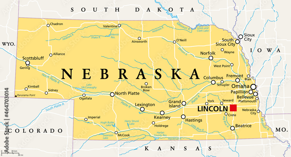 Nebraska, NE, political map with the capital Lincoln and the largest ... Nebraska, NE, political map with the capital Lincoln and the largest ...