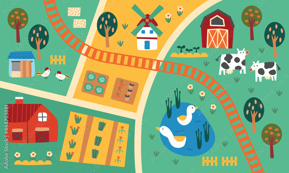 illustration of a farmhouse. cute farm animal. farm village design ...