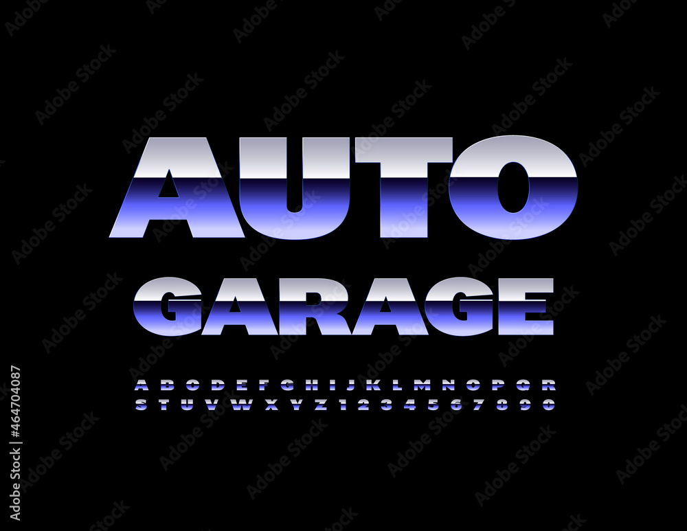 Vector bright Poster Auto Garage. Modern Silver Font. Metallic Alphabet ...