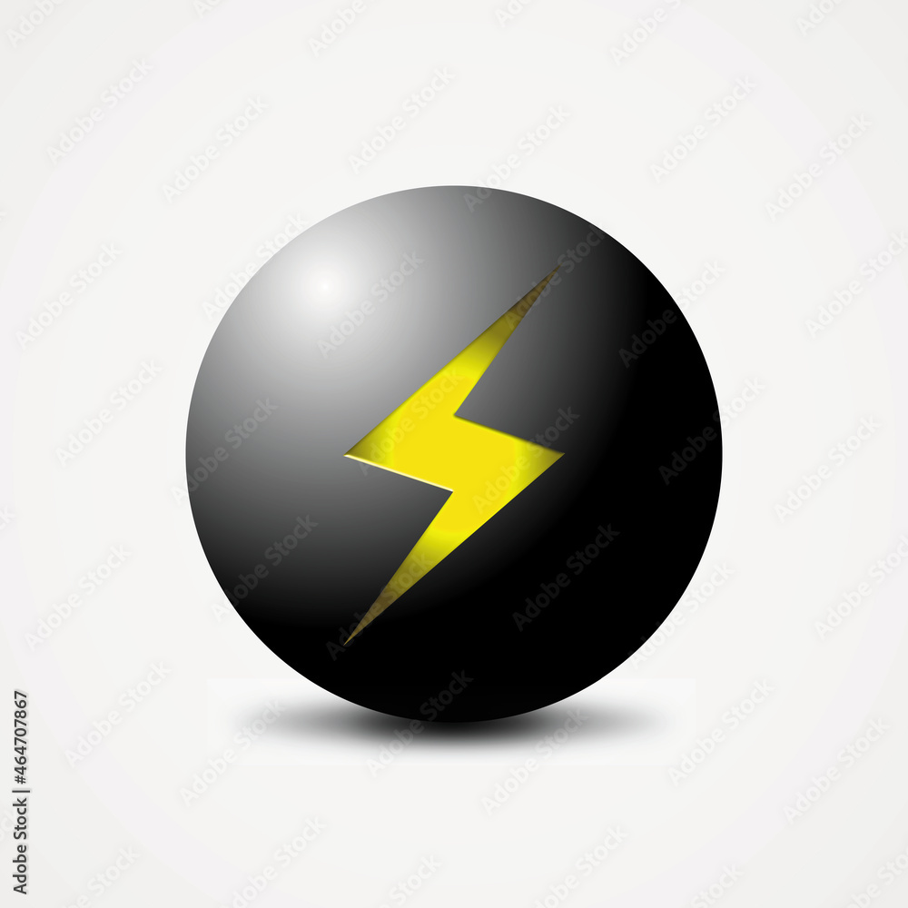 Yellow thunder icon with black sphere isolated on white background as ...