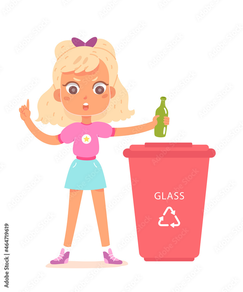 Cute girl sorting glass in trash bin vector illustration. Cartoon child ...