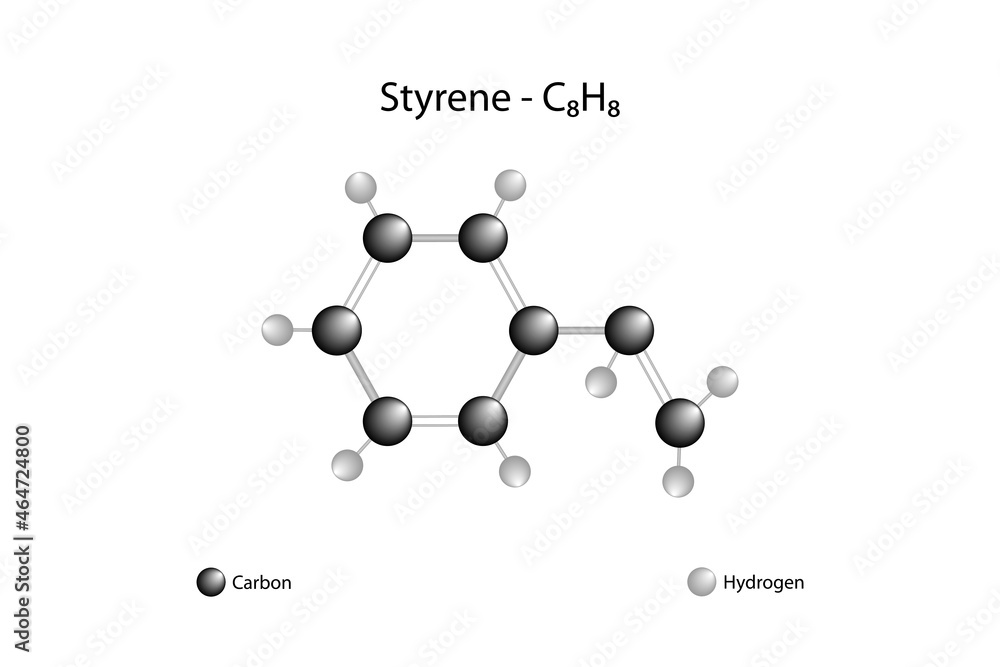 Molecular formula of styrene. Derivative of benzene is a colorless oily ...