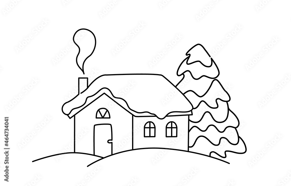 Cute Christmas House Outline Vector Illustration. Little cabin with fir ...