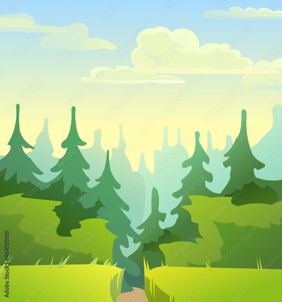 Road to a pine forest through a farm rural field. Cute funny floral ...