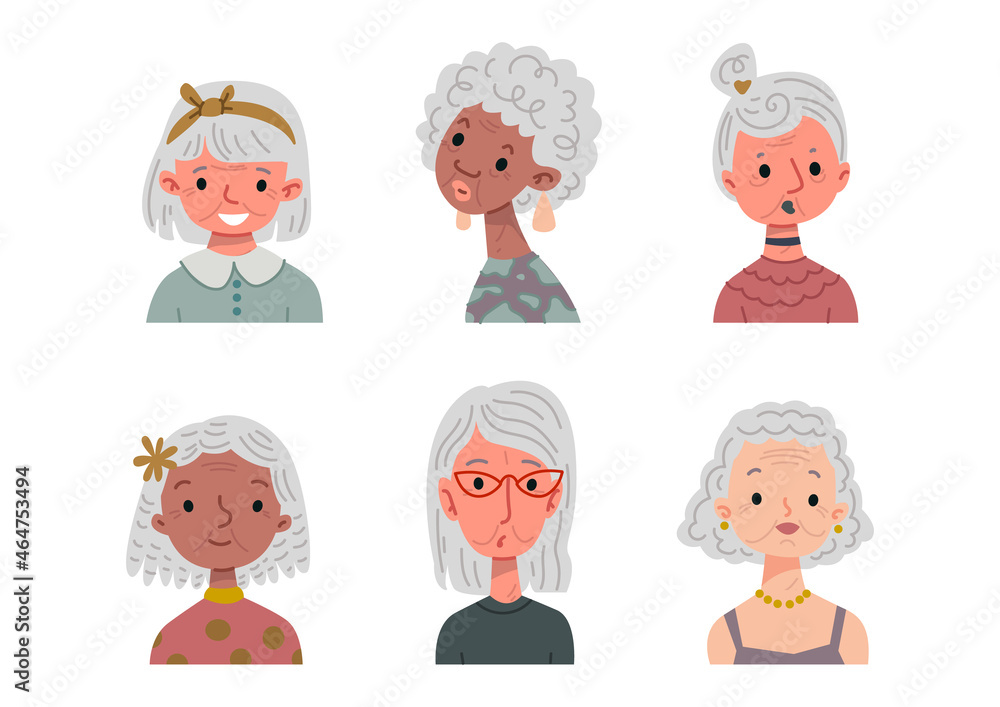 Set of cartoon elderly lady. Portrait of old women with different skin ...
