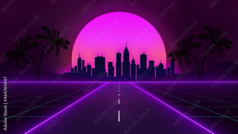 retro-futuristic 80s style with neon city backgrounds. Seamless loop of ...
