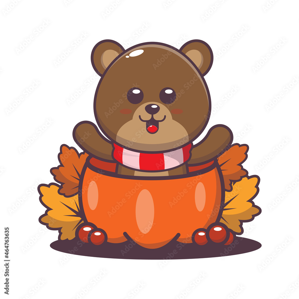 Cute bear in autumn pumpkin. Cute autumn animal cartoon illustration ...
