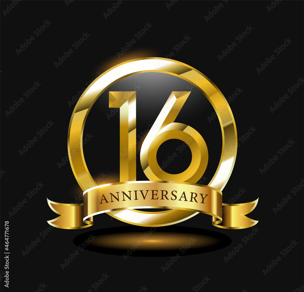 16 year anniversary celebration logo design with golden circle, vector ...