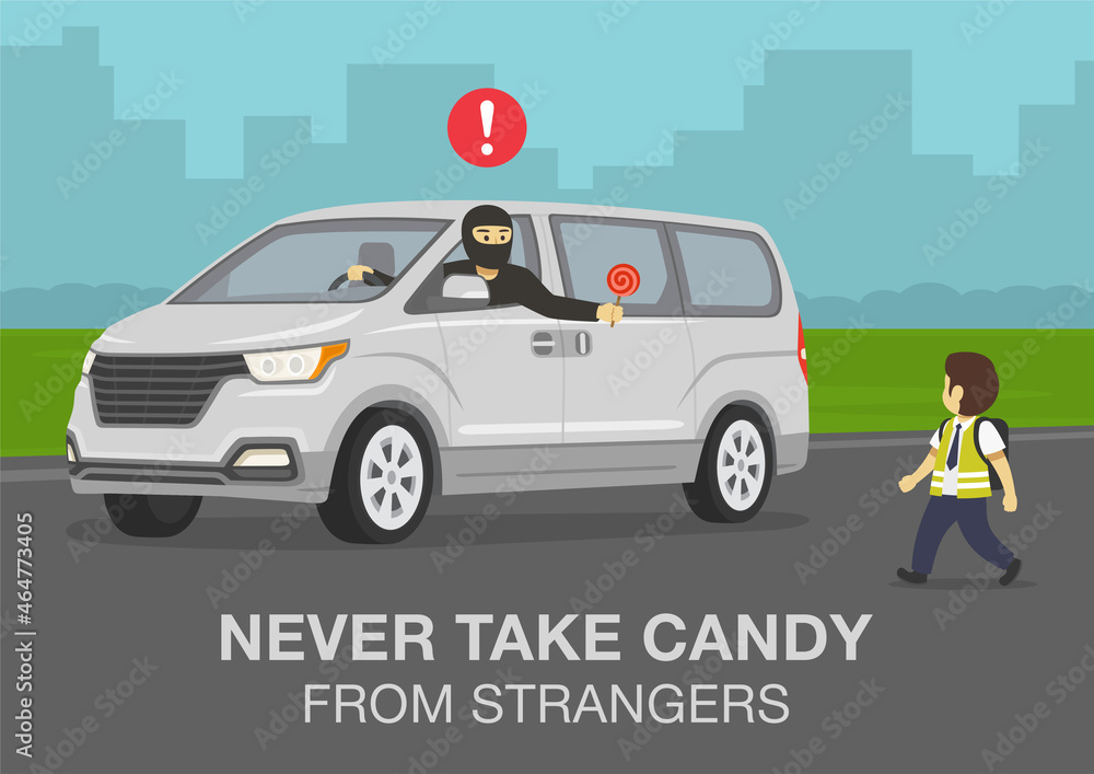 Suspicious stranger wearing black balaclava mask offers candy to a ...