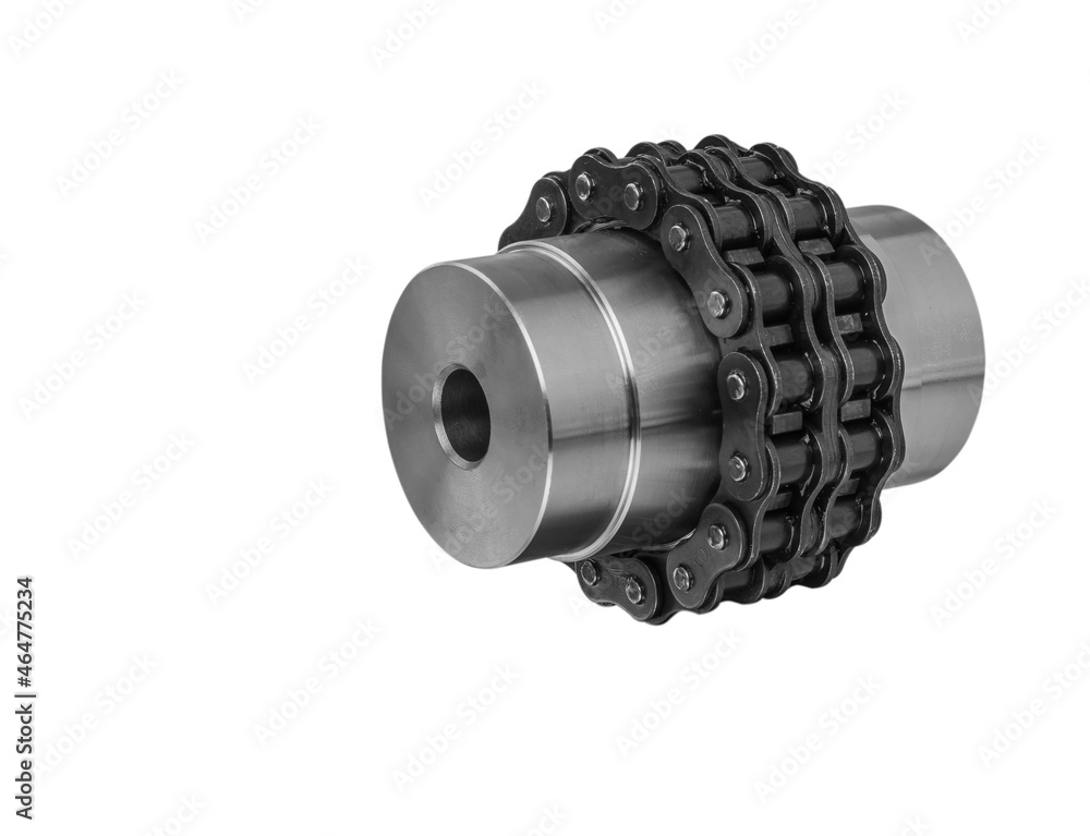 Chain gear is driven by an electric motor for industrial use on white ...