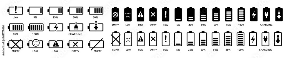 Battery icon set. Battery capacity icon. Battery percentage level signs ...