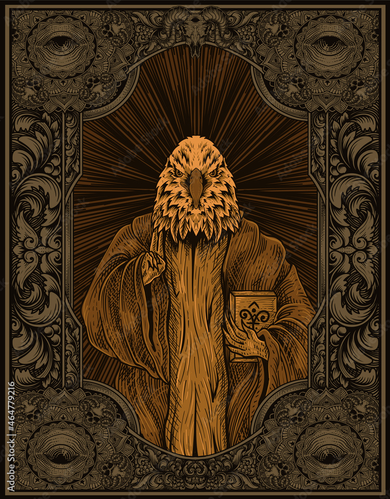 illustration scary eagle satan on engraving ornament frame Stock Vector ...