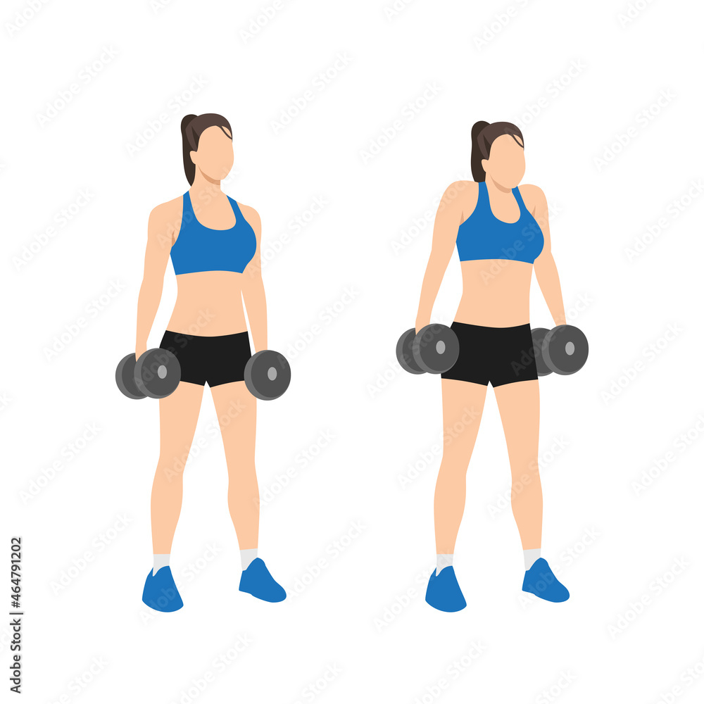 Woman doing Dumbbell shrugs exercise. Flat vector illustration isolated ...